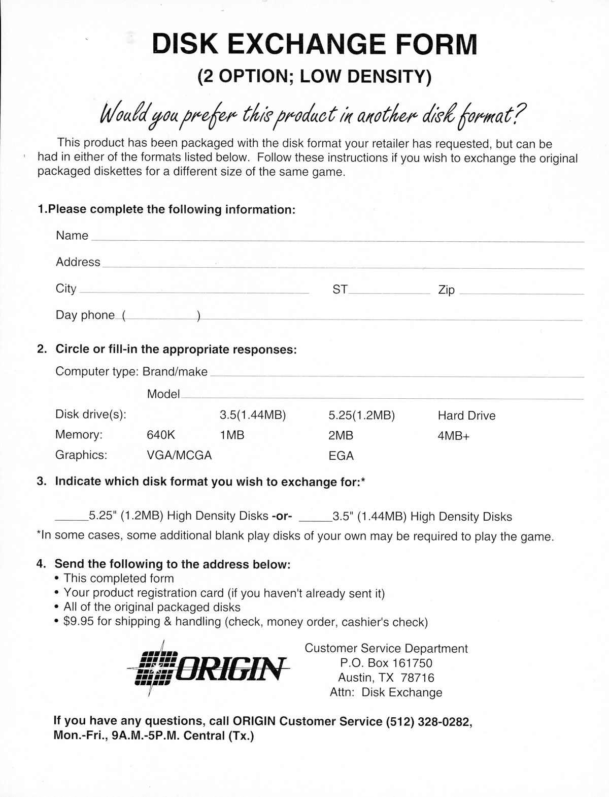 Disk Exchange Form - Wing Commander Encyclopedia
