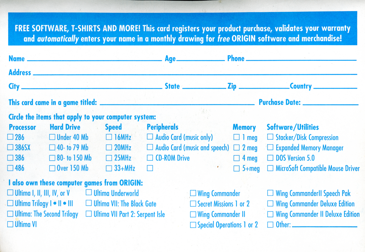 Registration Card - Wing Commander Encyclopedia